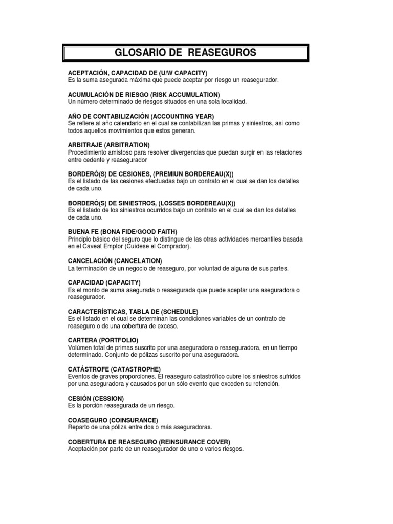 Glosario de Reaseguros Coprozoicos | PDF | Reaseguro | Póliza de seguros