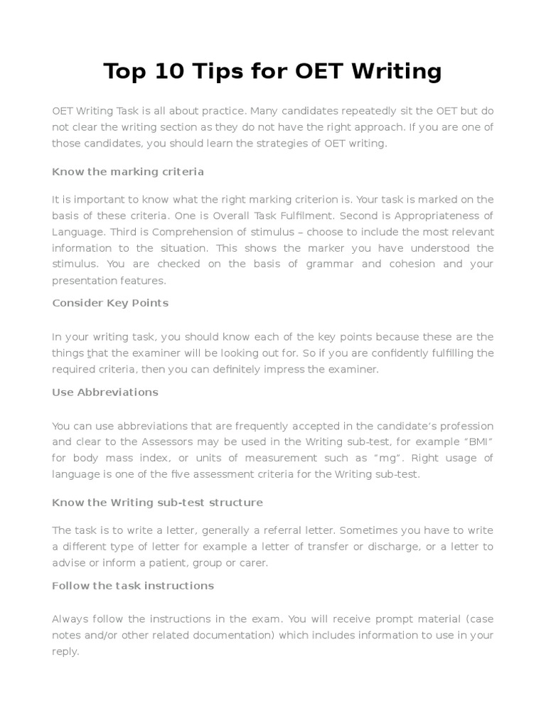 Top 10 Tips For OET Writing | PDF | Test (Assessment) | Cognition