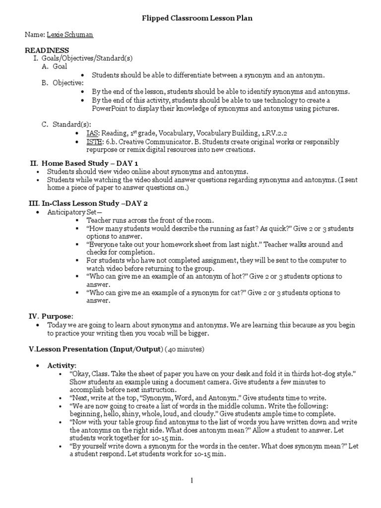 Flipped Classroom: Synonyms & Antonyms | PDF | Lesson Plan | Pedagogy