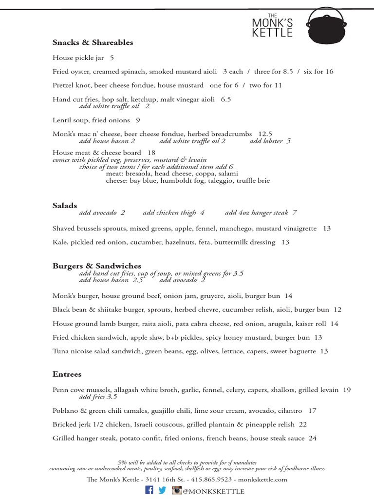 Monk's Kettle Menu | PDF | Salad | Hamburgers
