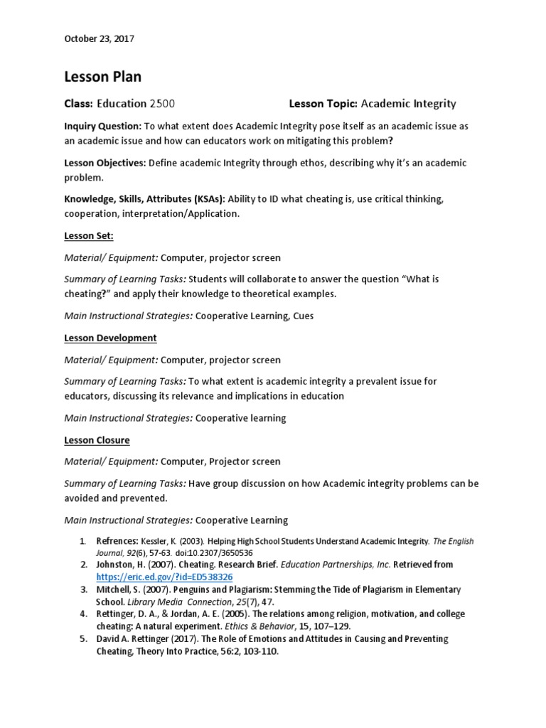 Lesson Plan Academic Integrity | PDF | Academic Integrity | Learning