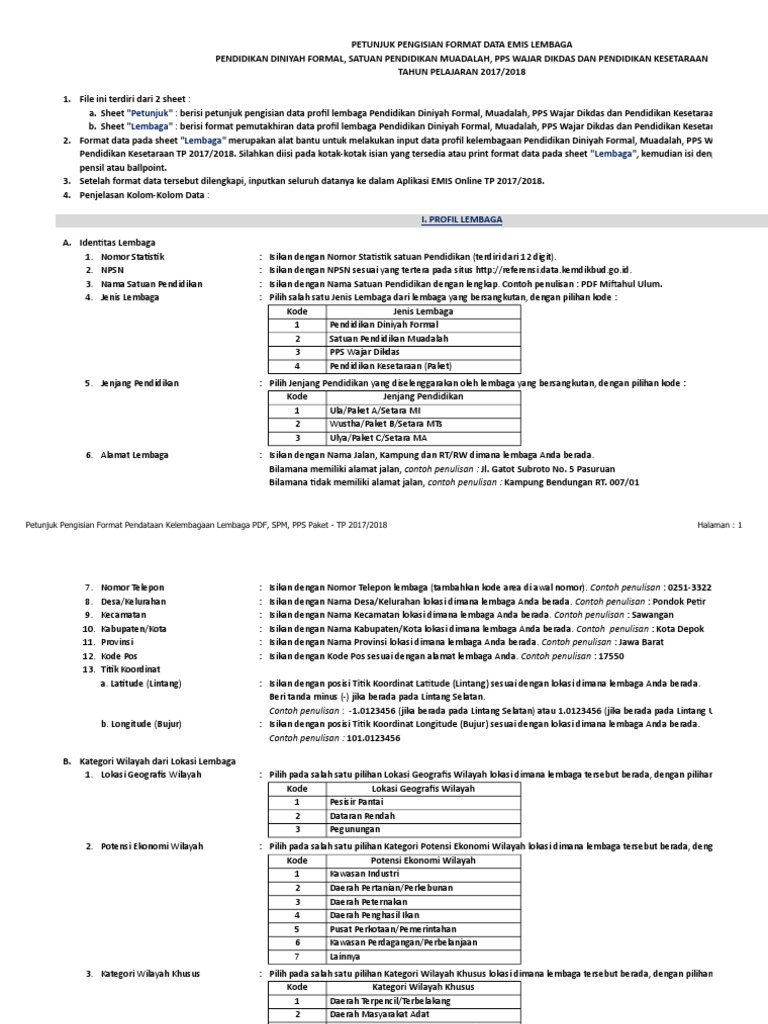 Petunjuk Pengisian Data EMIS 2017/18 | PDF