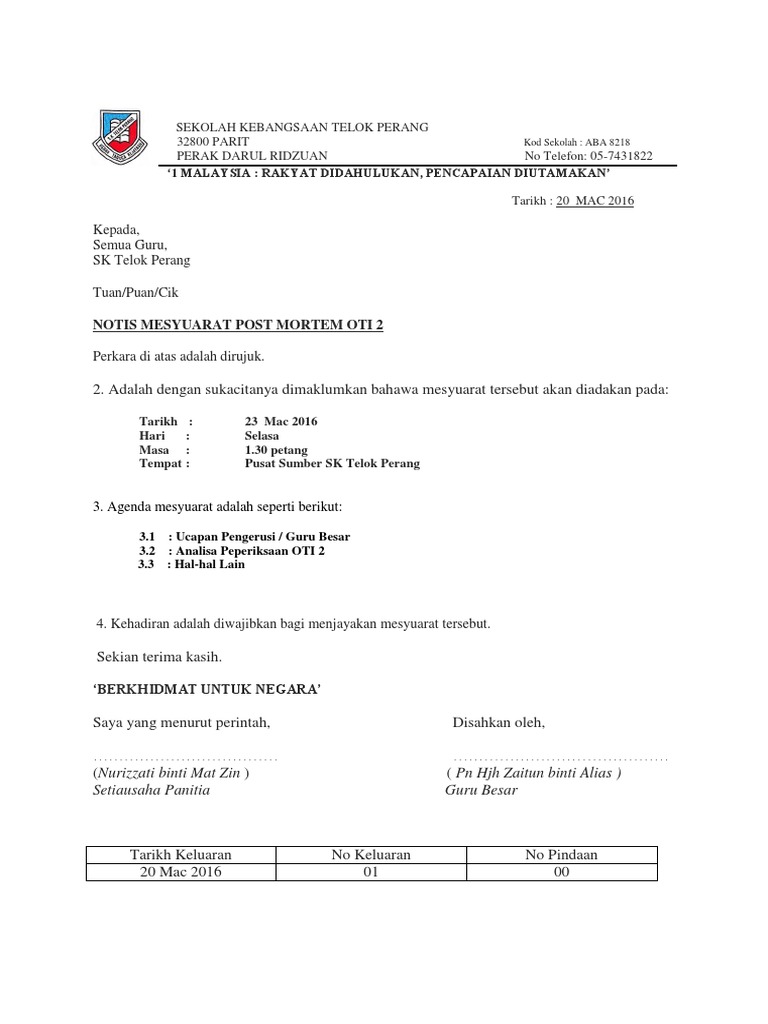 Notis Mesyuarat Post Mortem SK Telok Perang | PDF