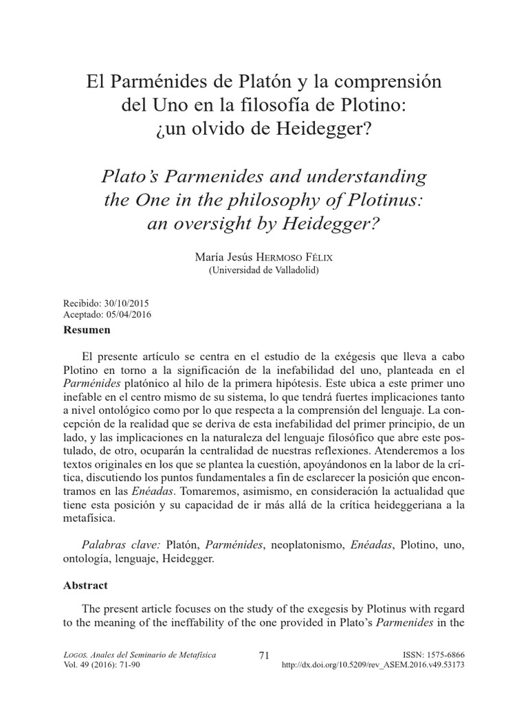 Lo Uno en Plotino - Un Olvido en Heidegger PDF | PDF | Platón | Metafísica