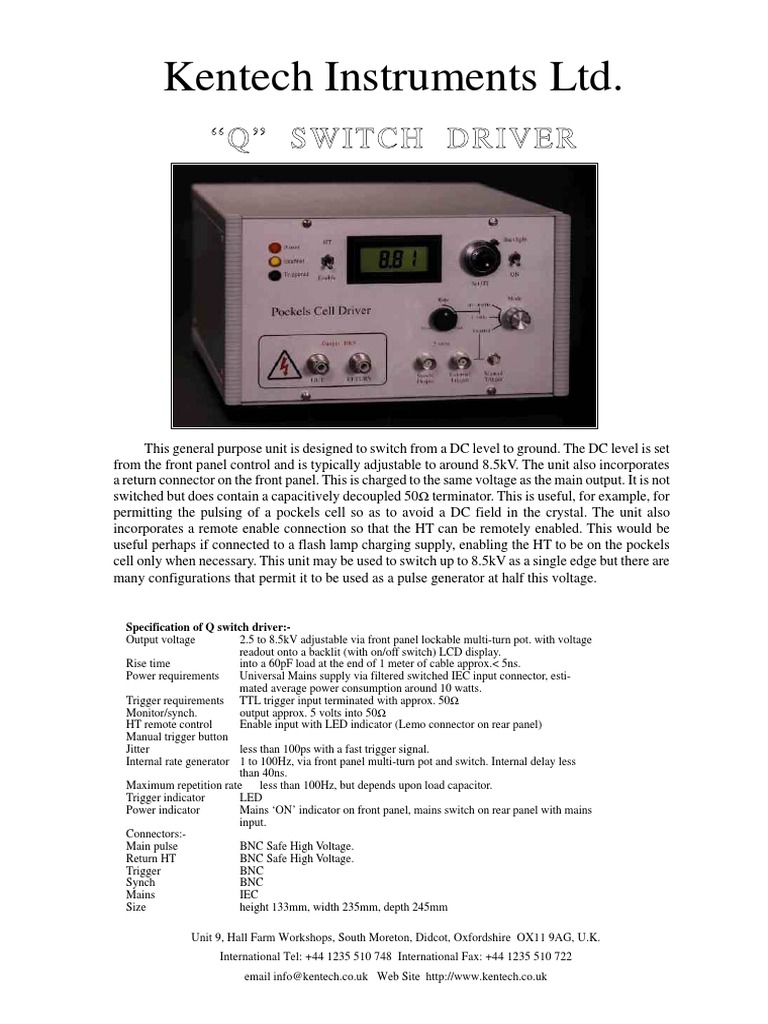 Kentech Instruments LTD.: "Q" Switch Driver | PDF | Switch | Mains Electricity