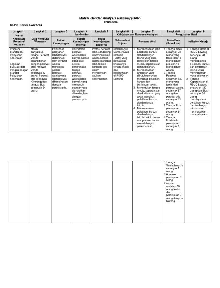 Matriks Gender Analysis Pathway RSUD Lawang | PDF
