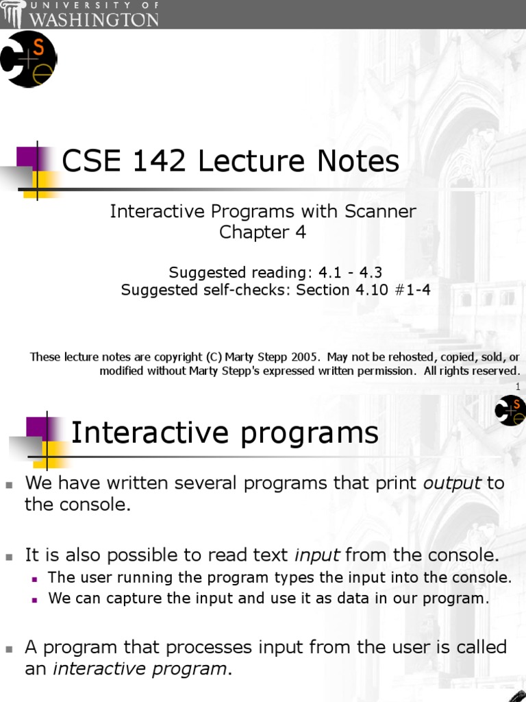 CSE 142 Lecture Notes: Interactive Programs With Scanner | PDF | Image ...