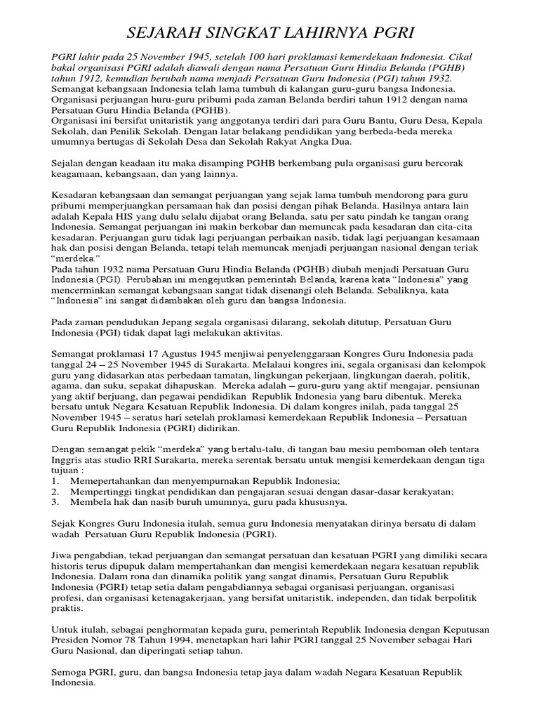 Sejarah Singkat Lahirnya Pgri | PDF