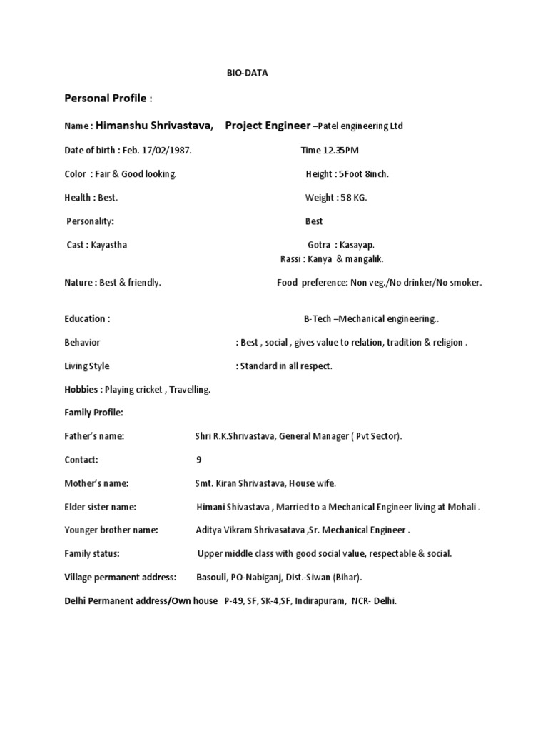 Personal Profile Himanshu Shrivastava, Project Engineer | PDF