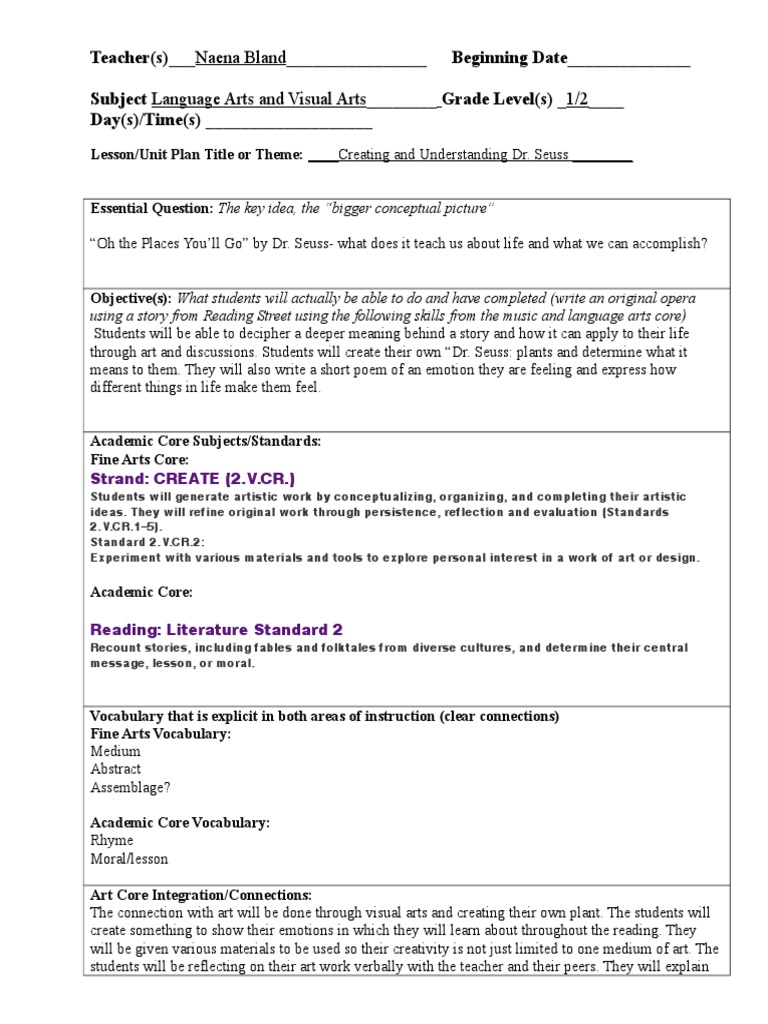 Creative Arts Lesson Plan | PDF | Vocabulary | Teachers
