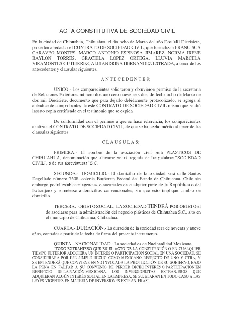 Modelo de Acta Constitutiva de Sociedad Civil 1 | PDF | Sociedad de responsabilidad limitada ...