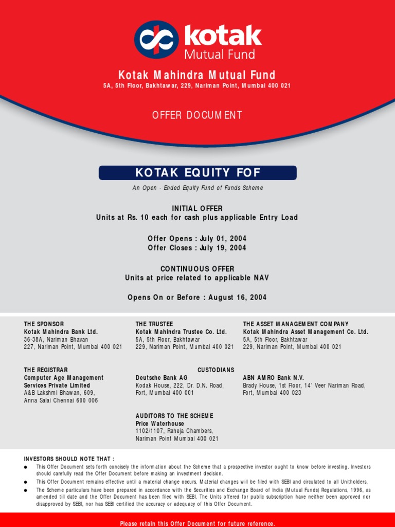 Kotak Mahindra Mutual Fund | PDF | Mutual Funds | Fund Of Funds