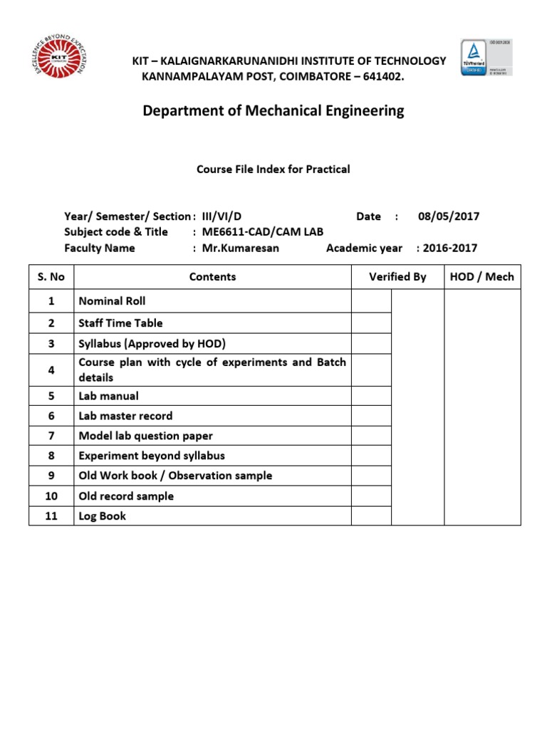 ISO Course File Index | PDF