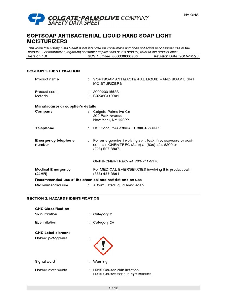 Softsoap Antibacterial Hand Soap SDS | PDF | Toxicity | Dangerous Goods