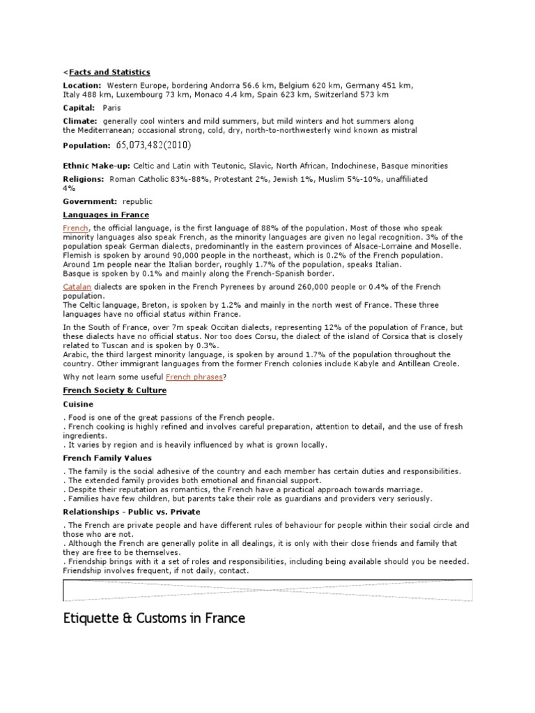 Etiquette & Customs in France: French | PDF | French People | France