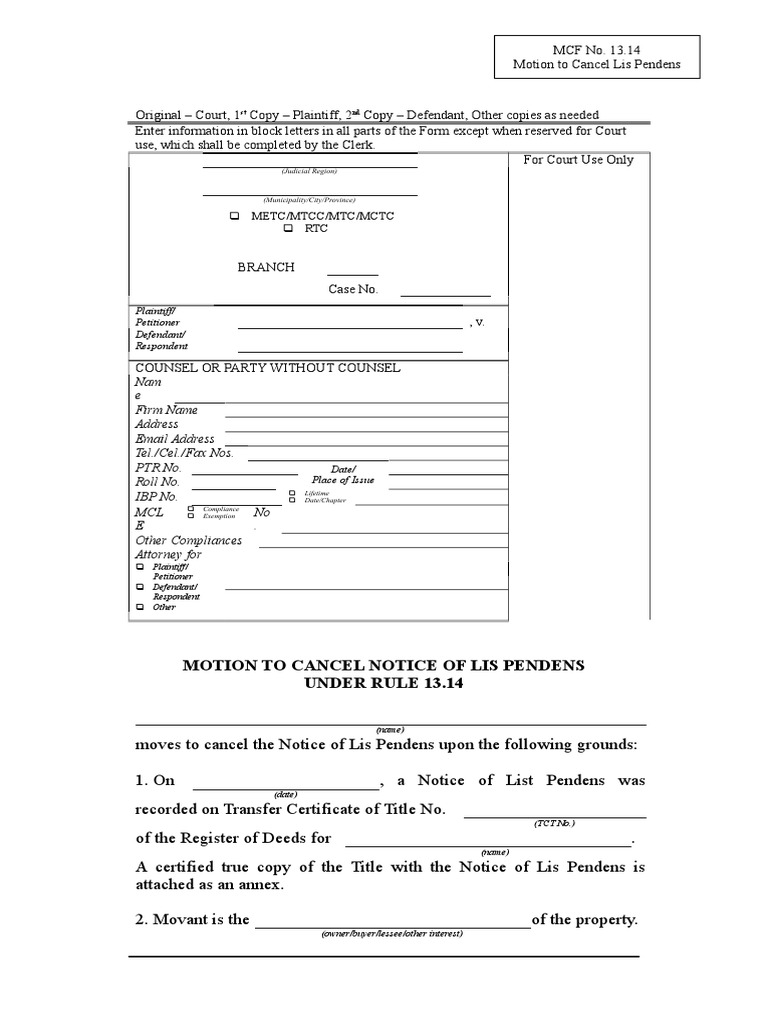 Motion to Cancel Lis Pendens: Request to Remove Notice of Pending Litigation from Land Title ...