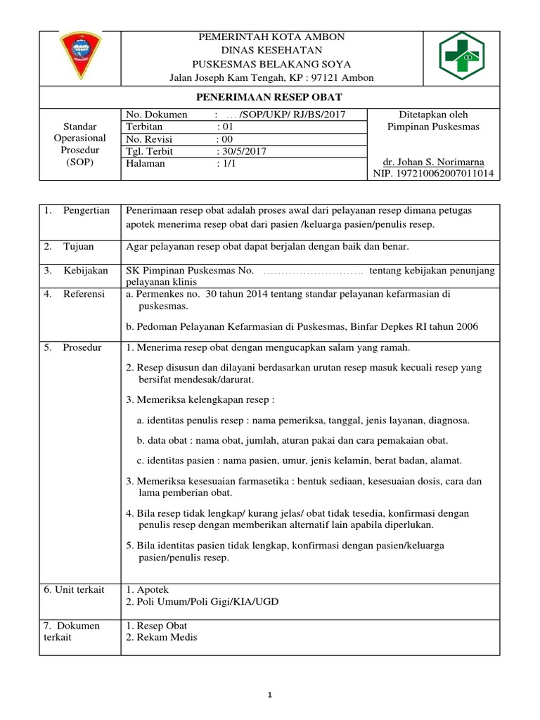 CONTOH SPO Penerimaan Resep Obat | PDF