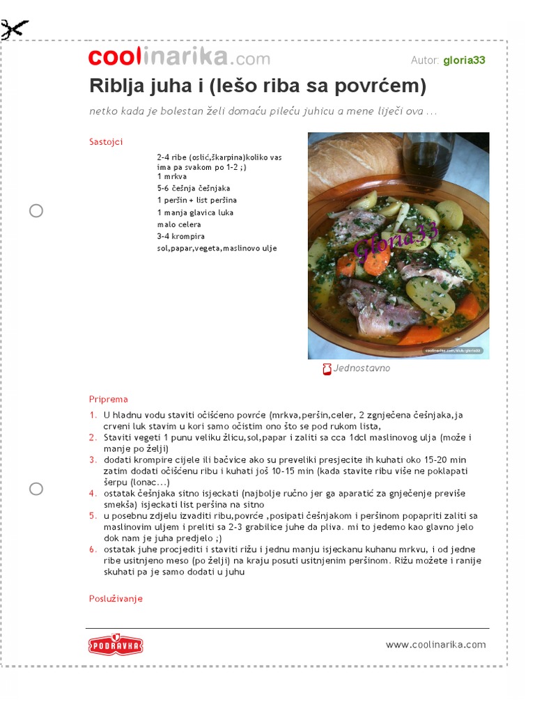 Riblja Juha I Leso Riba Sa Povrcem | PDF