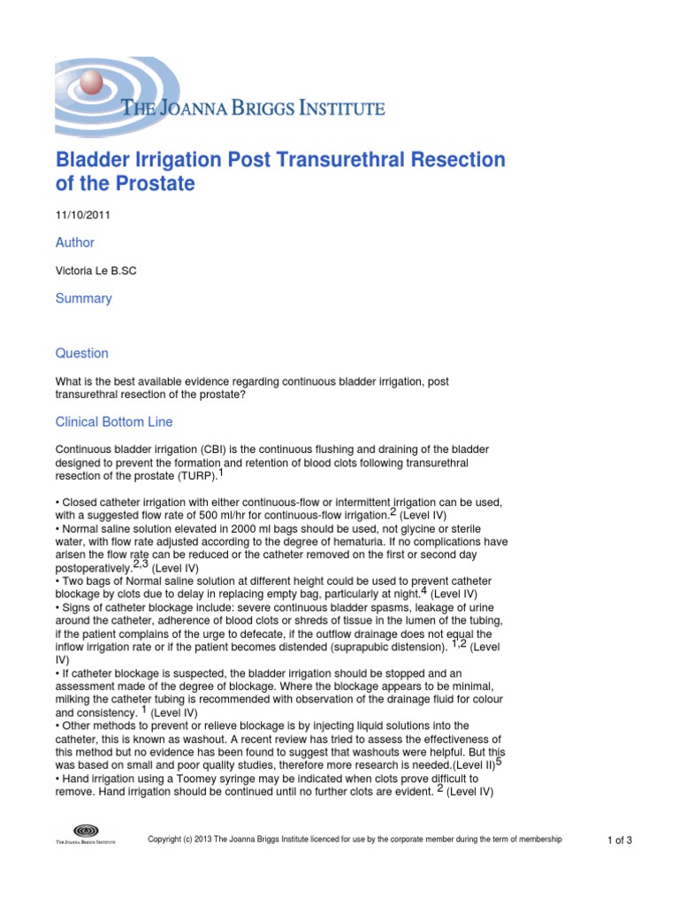 Bladder Irrigation Post Transurethral Resection of the Prostate ...