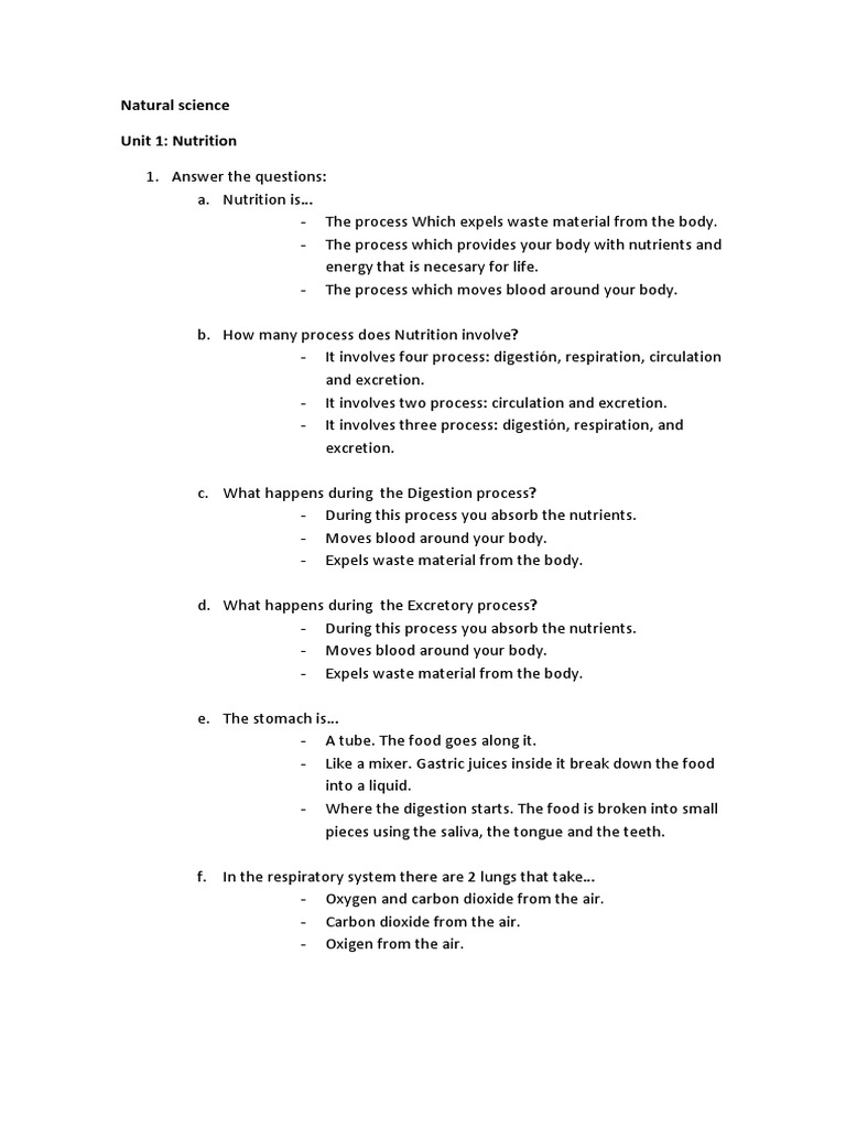 Examen Tema 1 Natural Science 4º | PDF | Circulatory System | Digestion