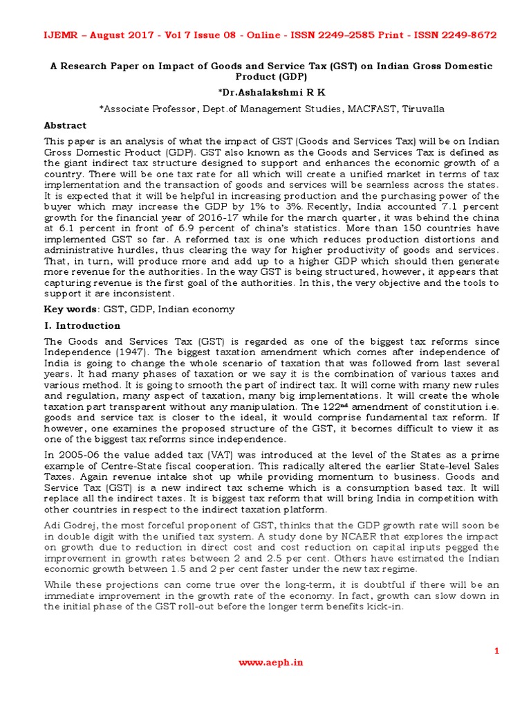 A Research Paper On Impact of Goods and Service Tax (GST) On Indian ...