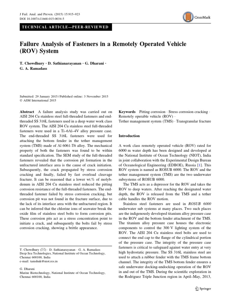 Failure Analysis of Fasteners in A Remotely Operated Vehicle (ROV ...