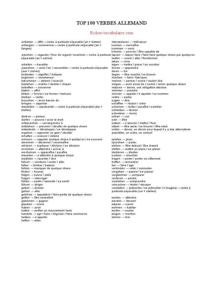Liste des 100 verbes allemands | PDF | Arts du langage et discipline