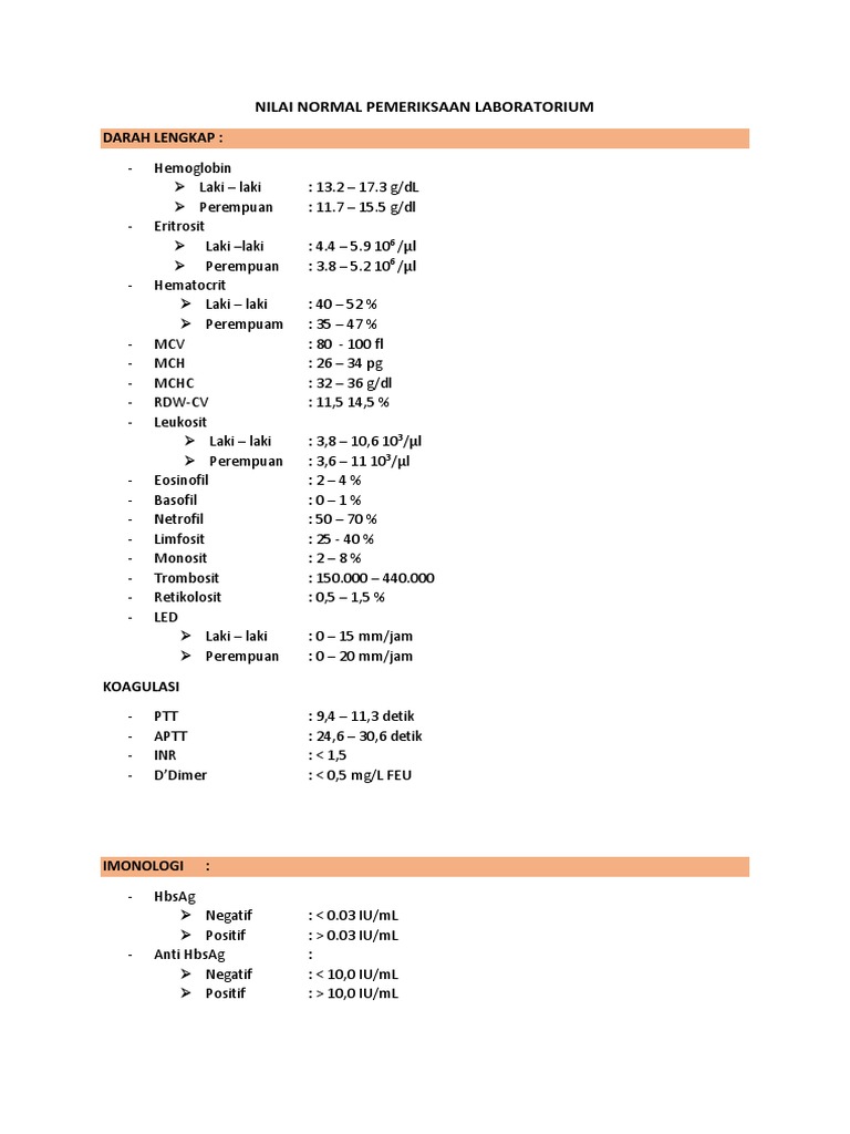 Nilai Normal Pemeriksaan Laboratorium | PDF
