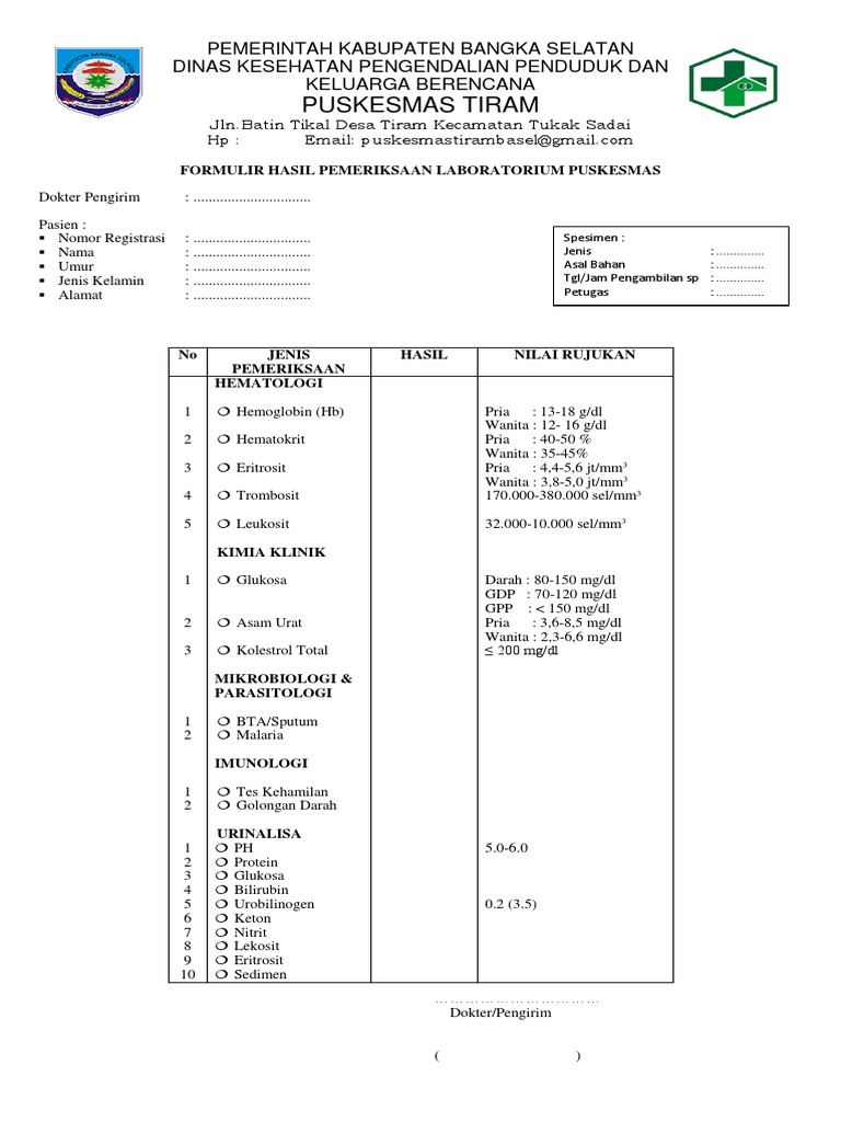 Formulir Hasil Permintaan Pemeriksaan Laboratorium Puskesmas | PDF