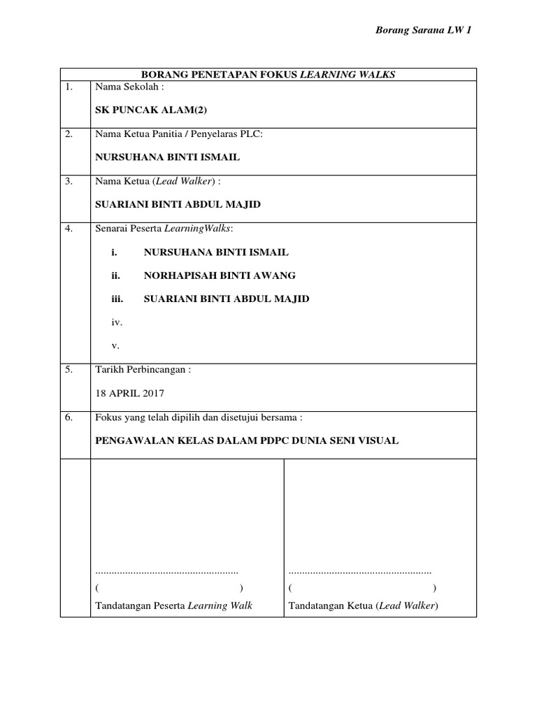 Borang Learning Walks | PDF