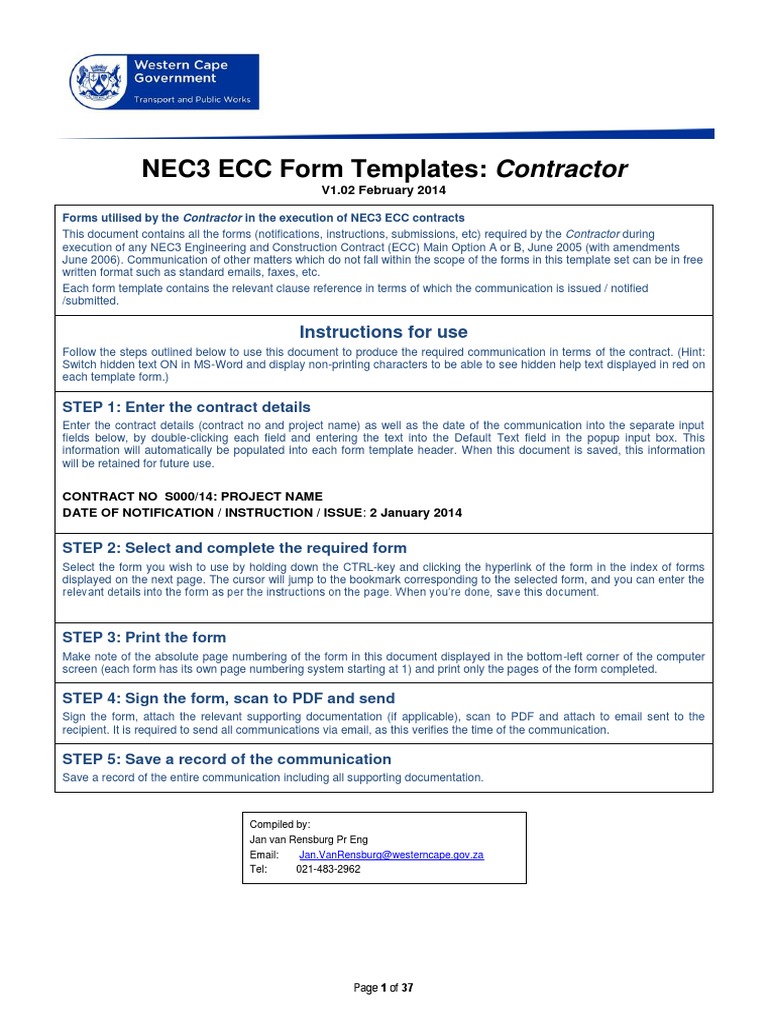 NEC3 ECC Contractor Form Templates V1-02 | PDF | Government | Business