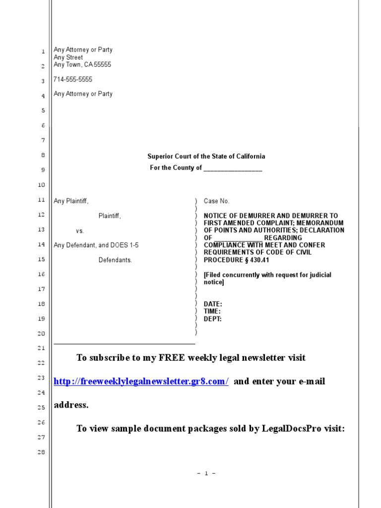 Sample Demurrer To First Amended Complaint in California | PDF ...