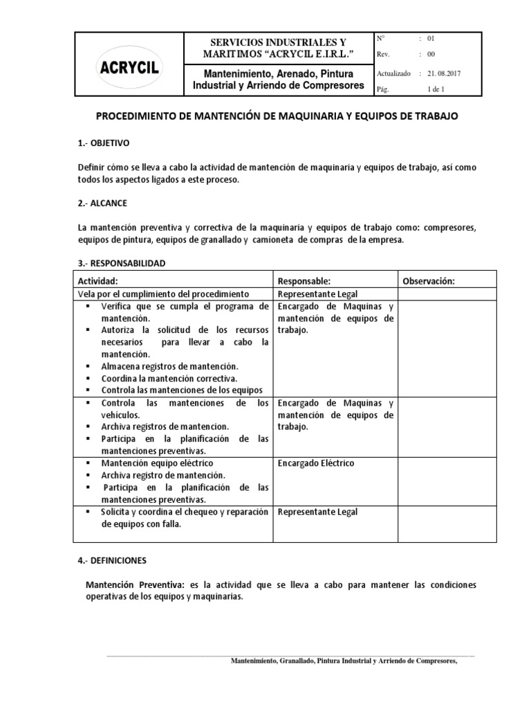 Procedimiento de Mantención de Maquinaria y Equipos de Trabajo | PDF | Planificación | Informática