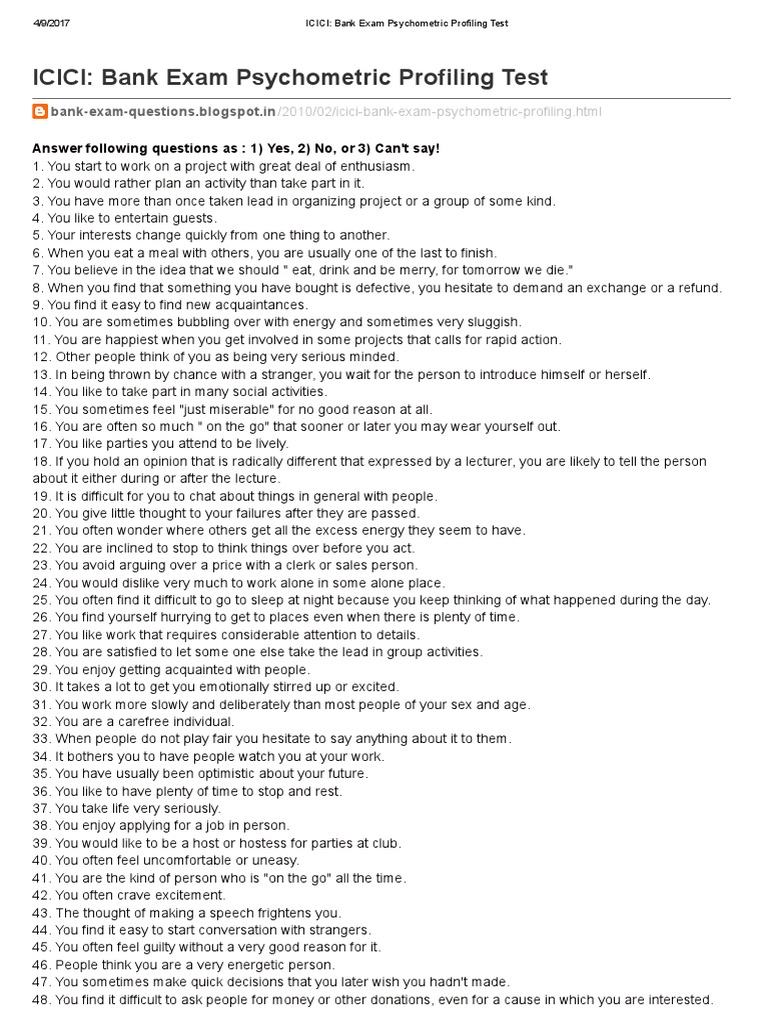 ICICI Bank Psychometric Test Guide | PDF | Test (Assessment)