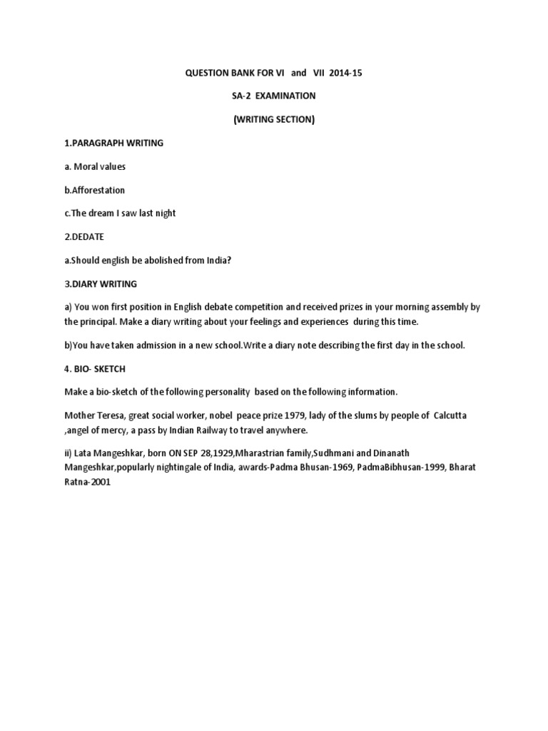 Question Bank For Vi and Vii 2014-15 Sa-2 Examination (Writing Section ...