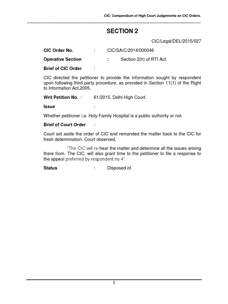 Compendium of HC Judgment On Orders of CIC | PDF | Brief (Law ...
