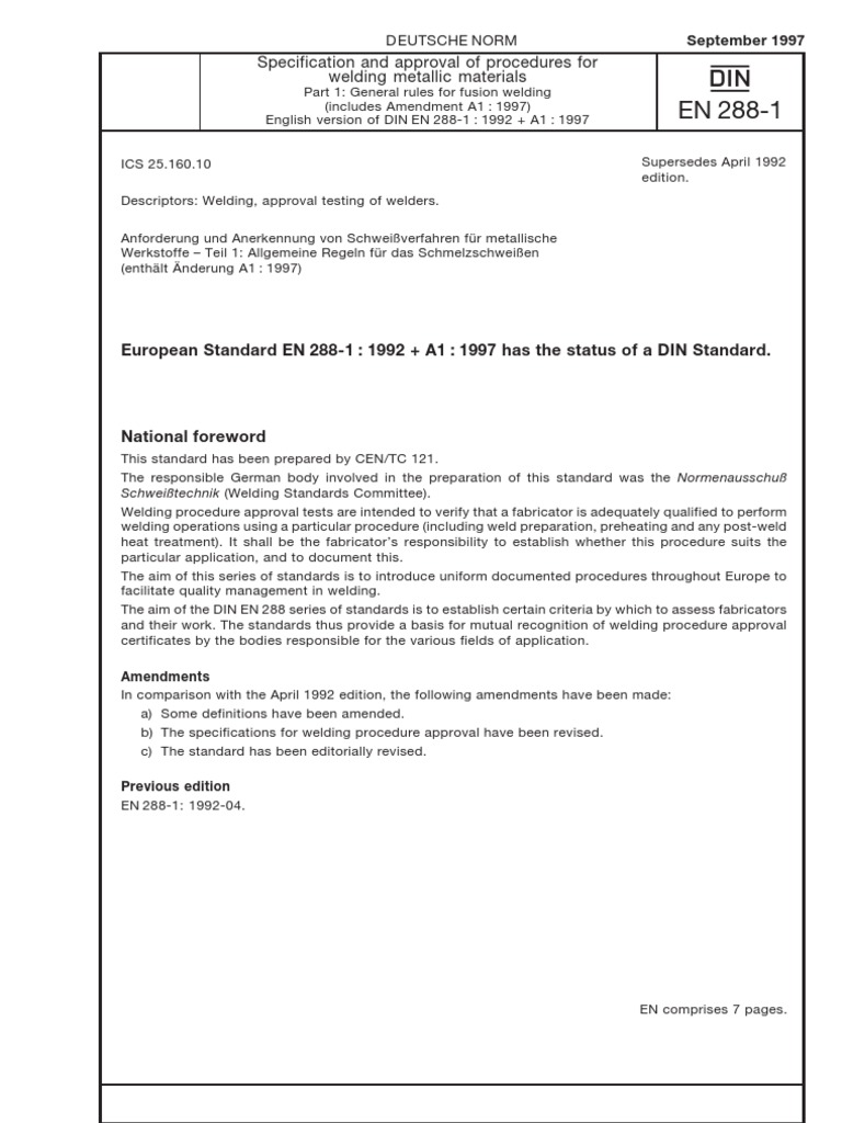 European Standard EN 288-1: 1992 + A1: 1997 Has The Status of A DIN Standard | PDF | Welding ...