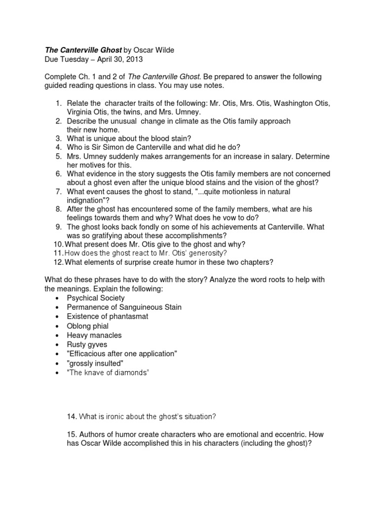 Canterville Ghost: Guided Questions & Tasks | PDF