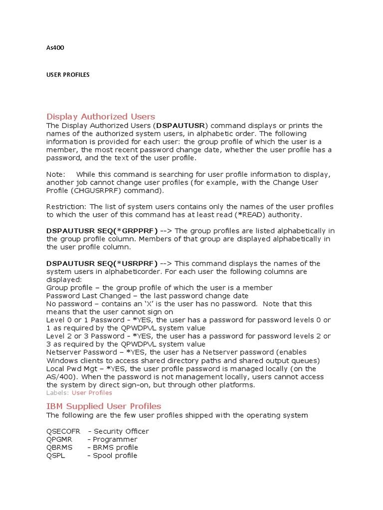 User Profiles | PDF | Password | Ibm System I