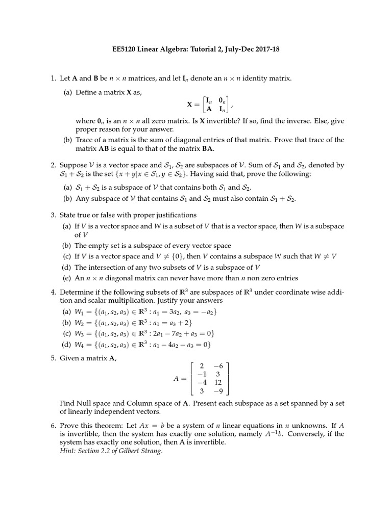 EE5120 Linear Algebra: Tutorial 2, July-Dec 2017-18 | PDF | Linear Subspace | Matrix (Mathematics)