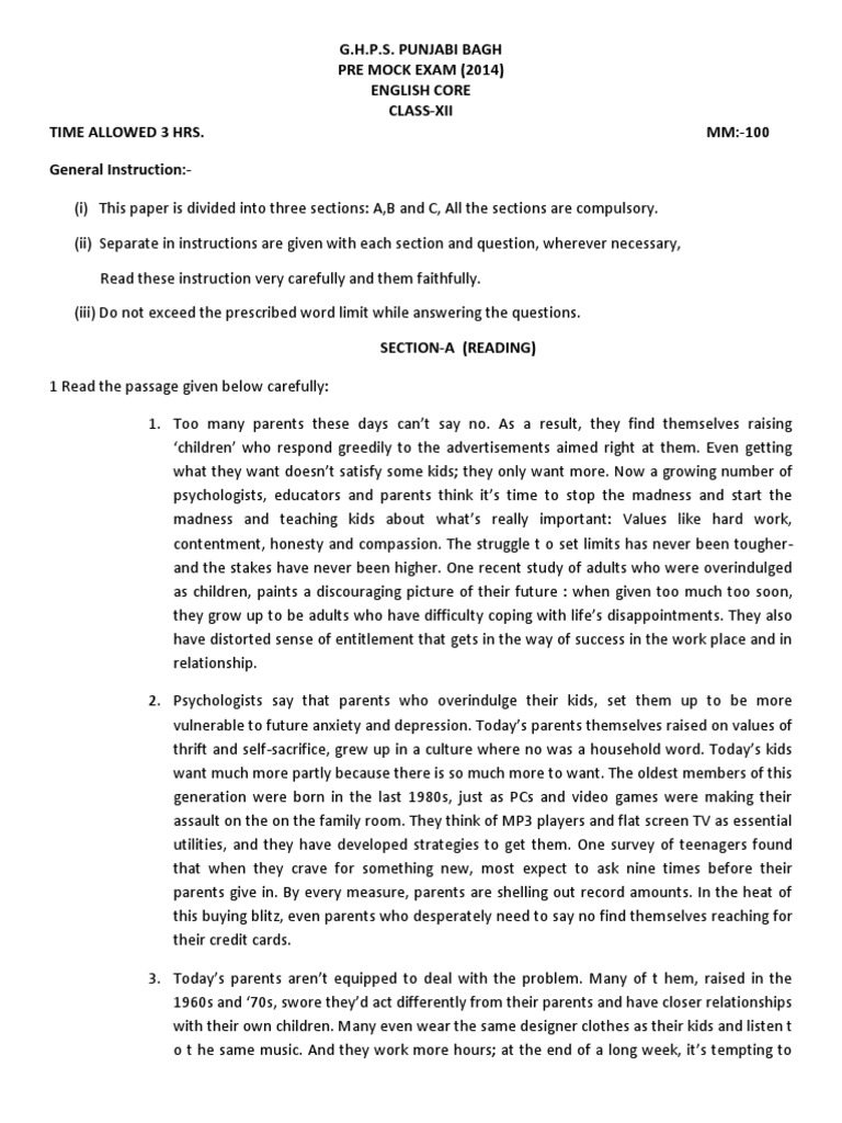 Pre Board Exam Class - Xii-English | PDF | Silas Marner | Contentment