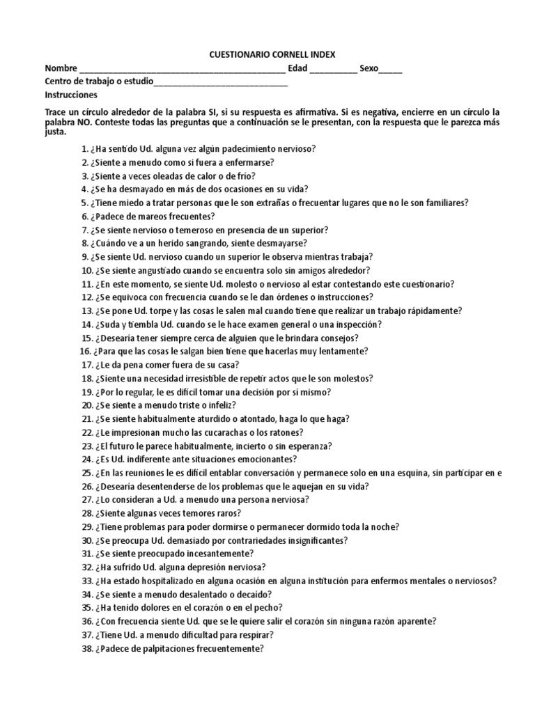 Inventario y Tabla Calificar Cornell Index | Ira | Medicina CLINICA