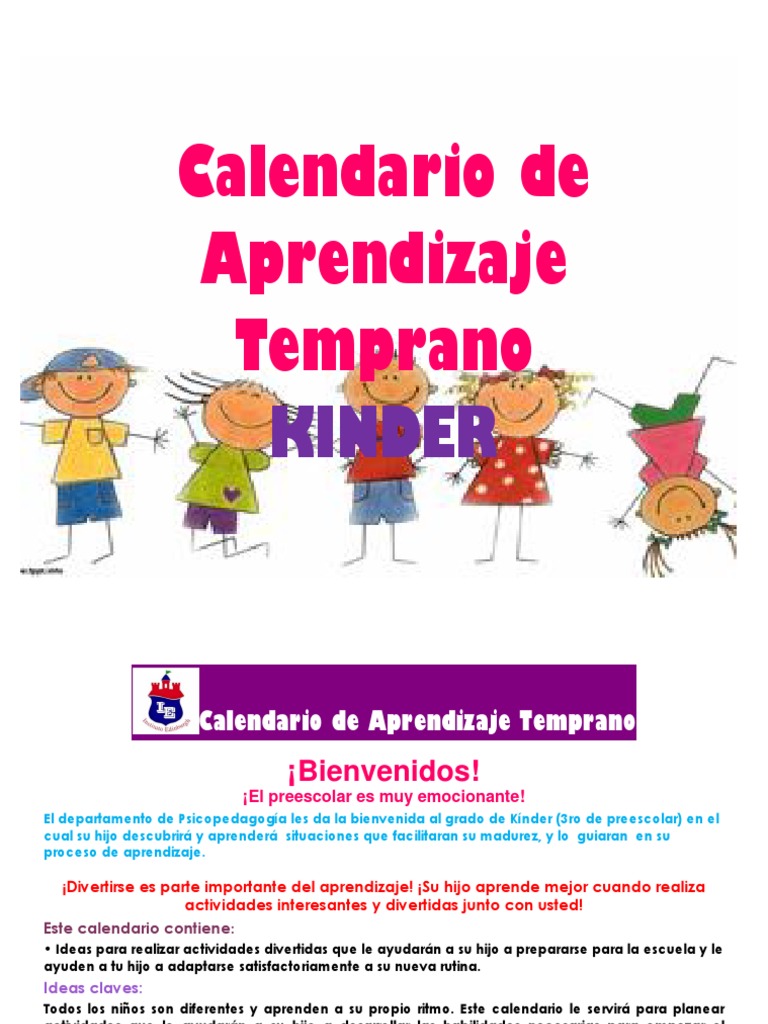 Calendario de Aprendizaje Temprano KINDER | PDF | Jardín de infancia ...