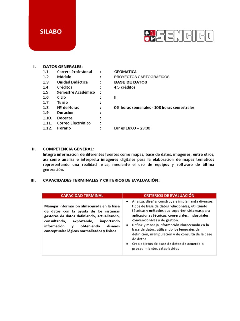 Base de Datos - Silabo - Lunes | PDF | SQL | Bases de datos