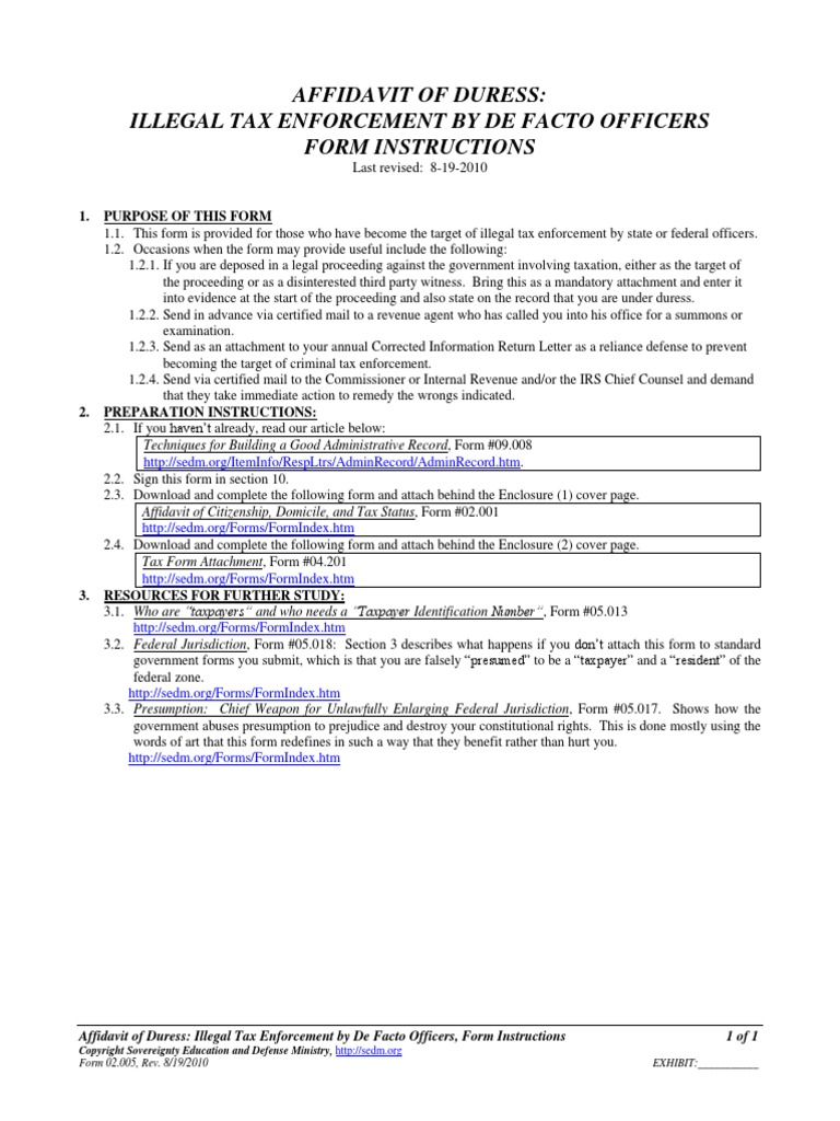 Affidavit of Duress: Illegal Tax Enforcement by de Facto Officers, Form ...