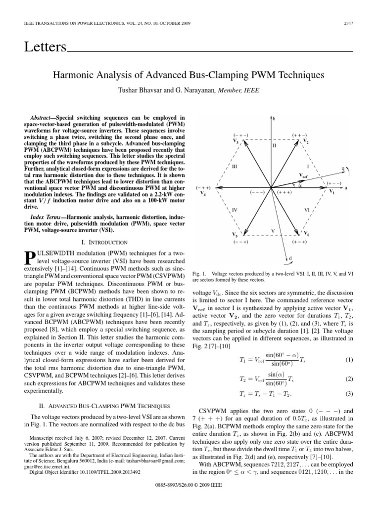 Letters: Harmonic Analysis of Advanced Bus-Clamping PWM Techniques | Download Free PDF | Power ...