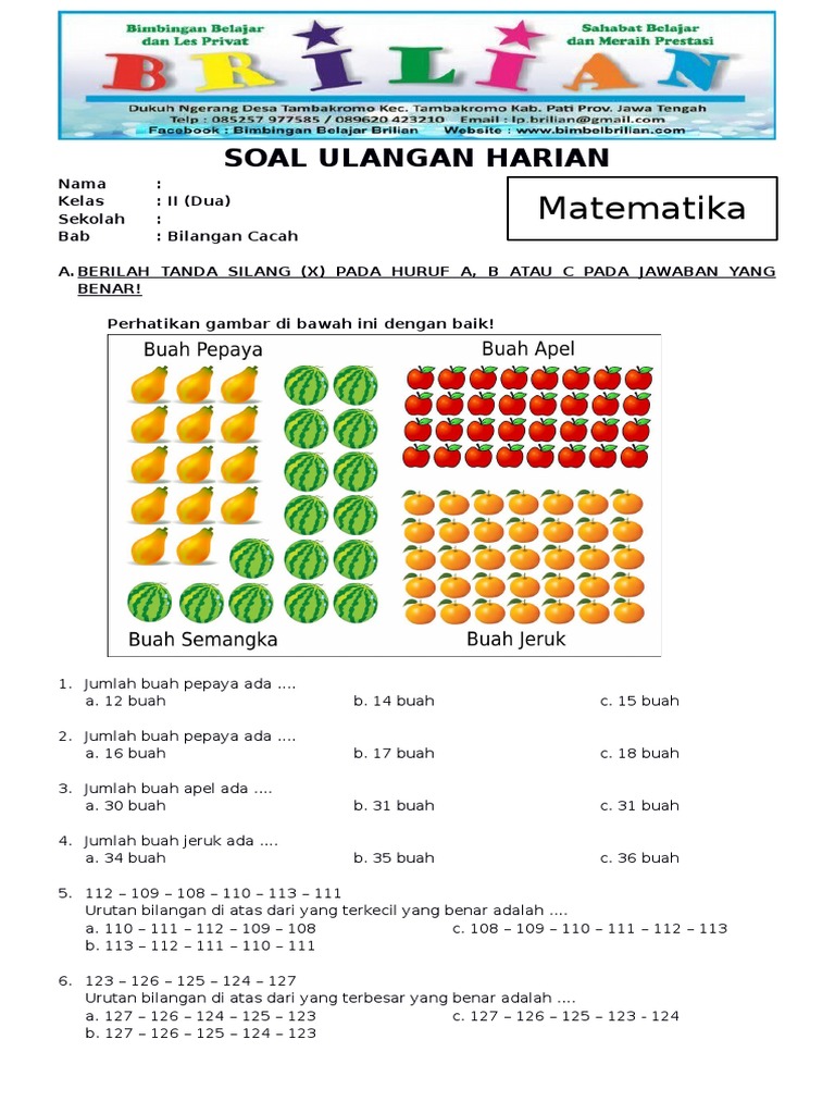 Soal Matematika Kelas 2 SD Bab 1 Bilangan Cacah Dan Kunci Jawaban | PDF