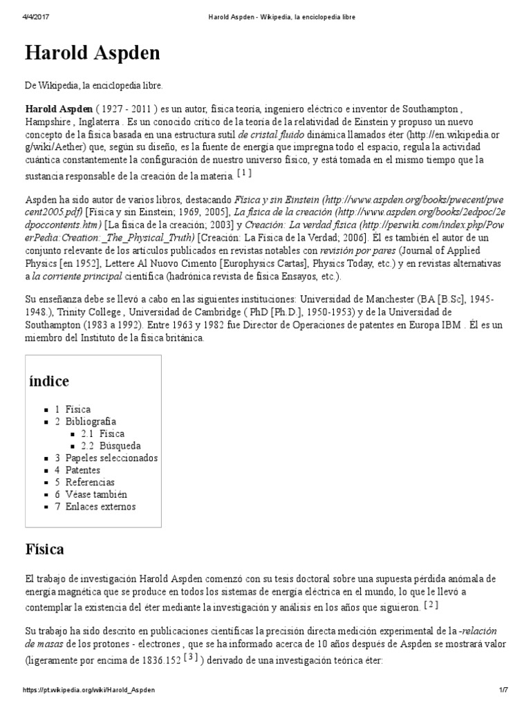 Harold Aspden - Wikipedia, La Enciclopedia Libre PDF | PDF | Electrón ...