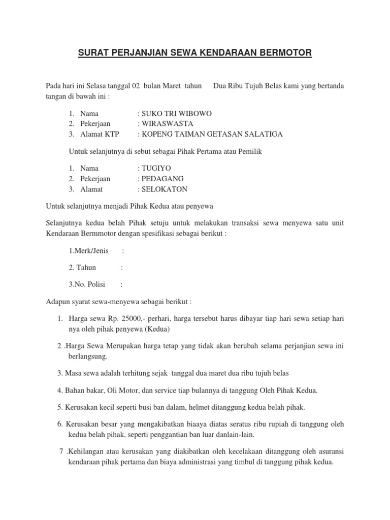 Surat Perjanjian Sewa Kendaraan Bermotor | PDF