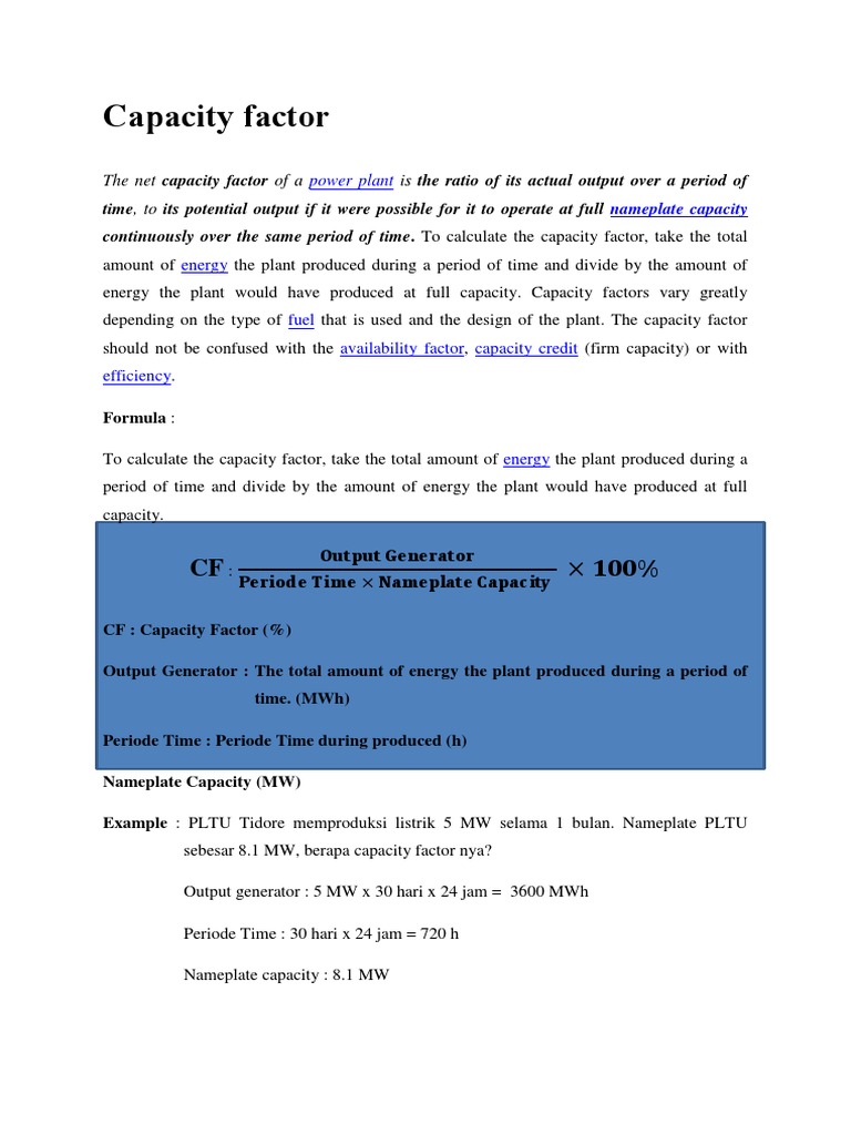 Capacity Factor: The Net Capacity Factor of A Is The Ratio of Its ...